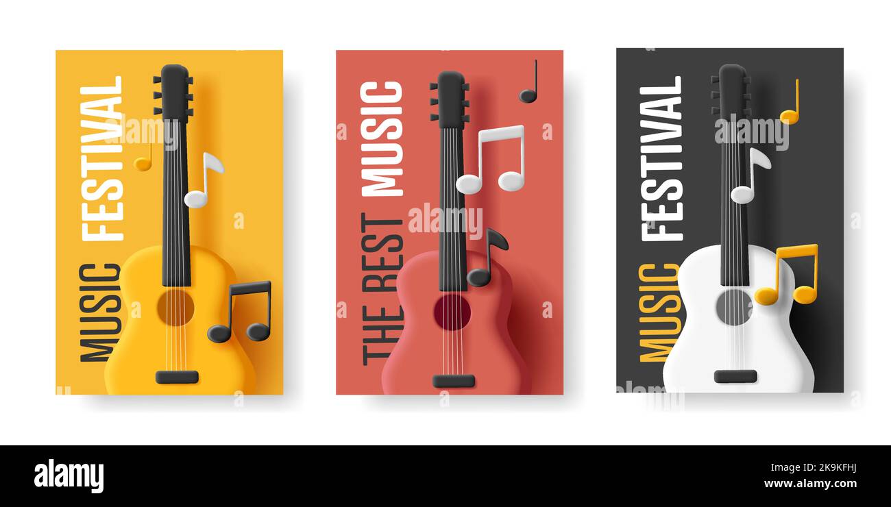 Music festival set of posters with 3d guitar with notes illustration ...