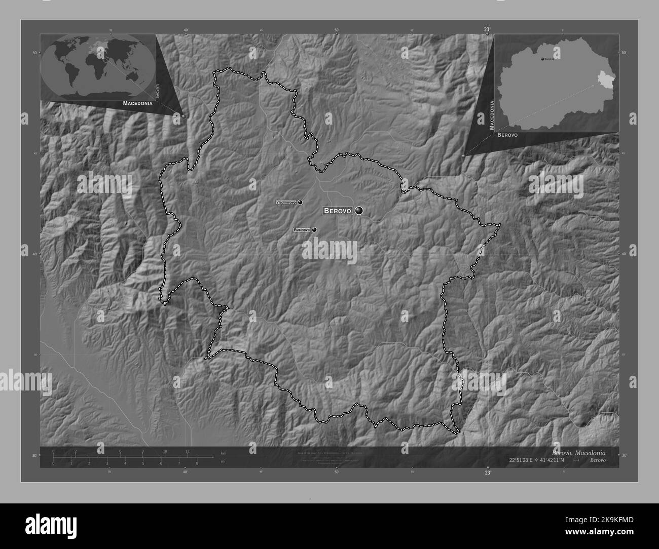 Berovo, municipality of Macedonia. Bilevel elevation map with lakes and ...