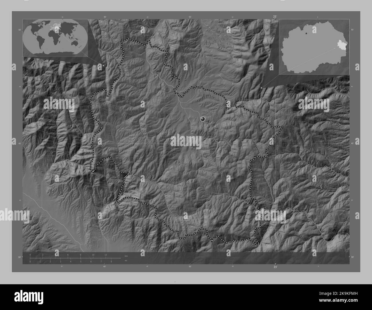 Berovo, municipality of Macedonia. Grayscale elevation map with lakes and rivers. Corner ...