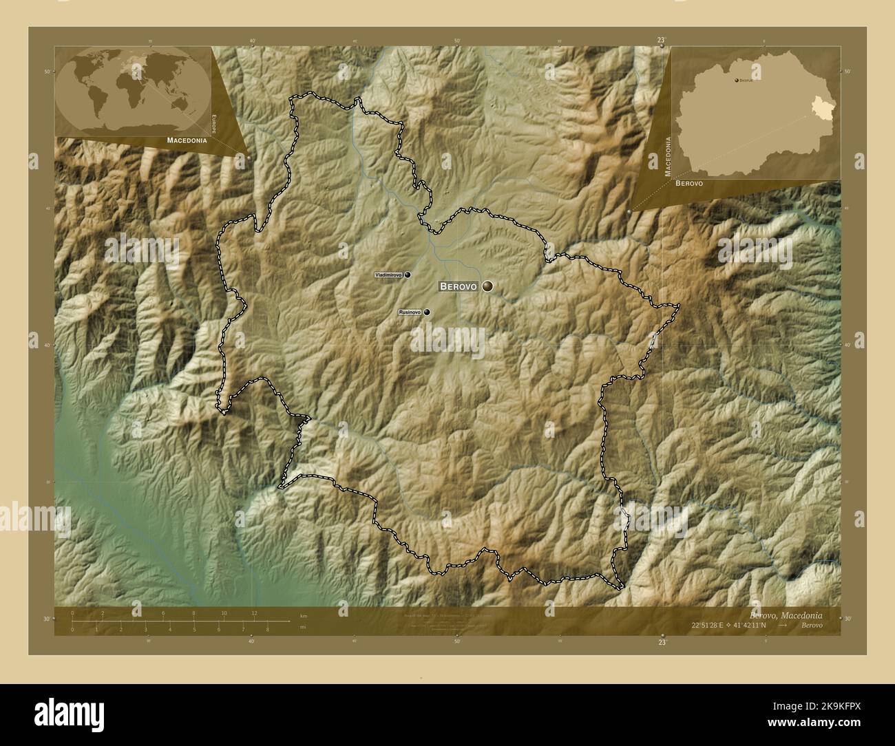 Berovo, municipality of Macedonia. Colored elevation map with lakes and ...