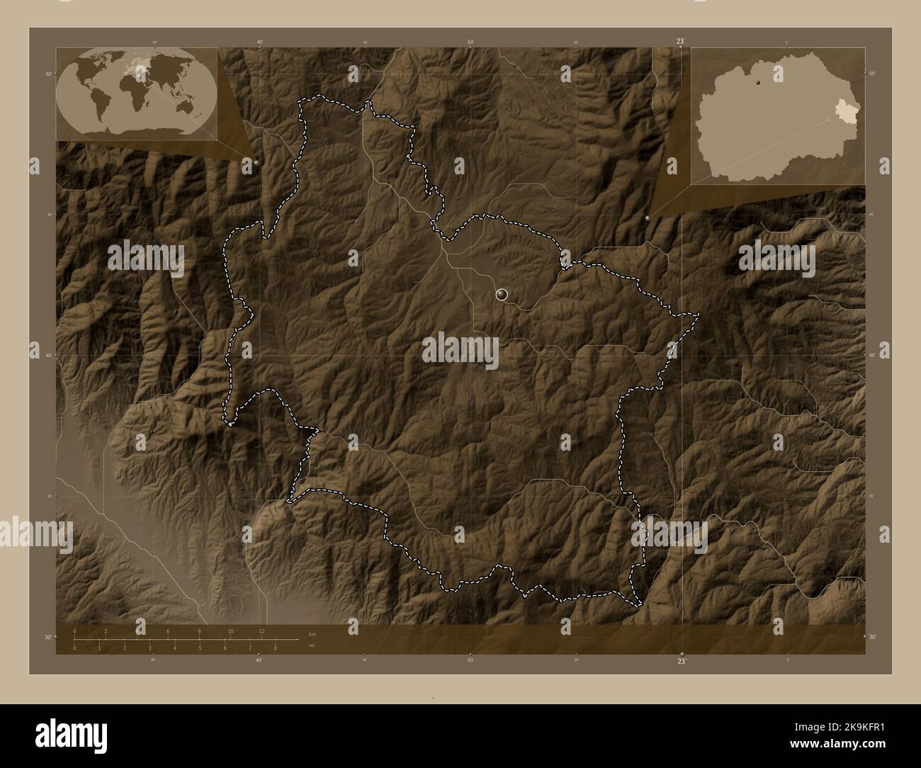 Berovo, municipality of Macedonia. Elevation map colored in sepia tones ...