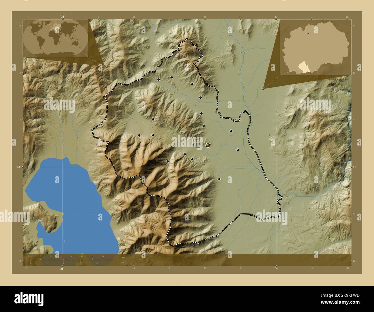 Bitola, municipality of Macedonia. Colored elevation map with lakes and ...