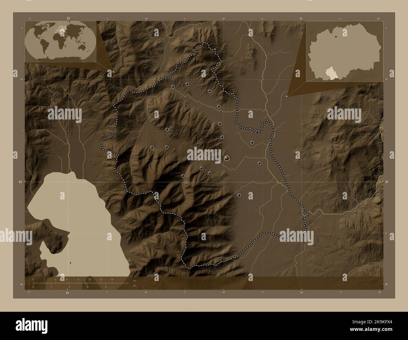 Bitola, municipality of Macedonia. Elevation map colored in sepia tones ...