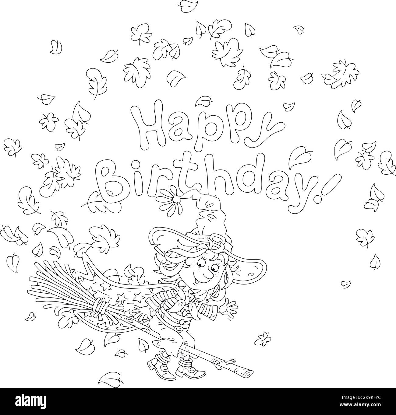 Happy birthday card with a funny little witch flying on her magic broom ...