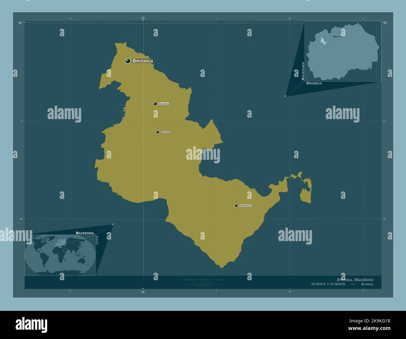 Brvenica, municipality of Macedonia. Solid color shape. Locations and ...