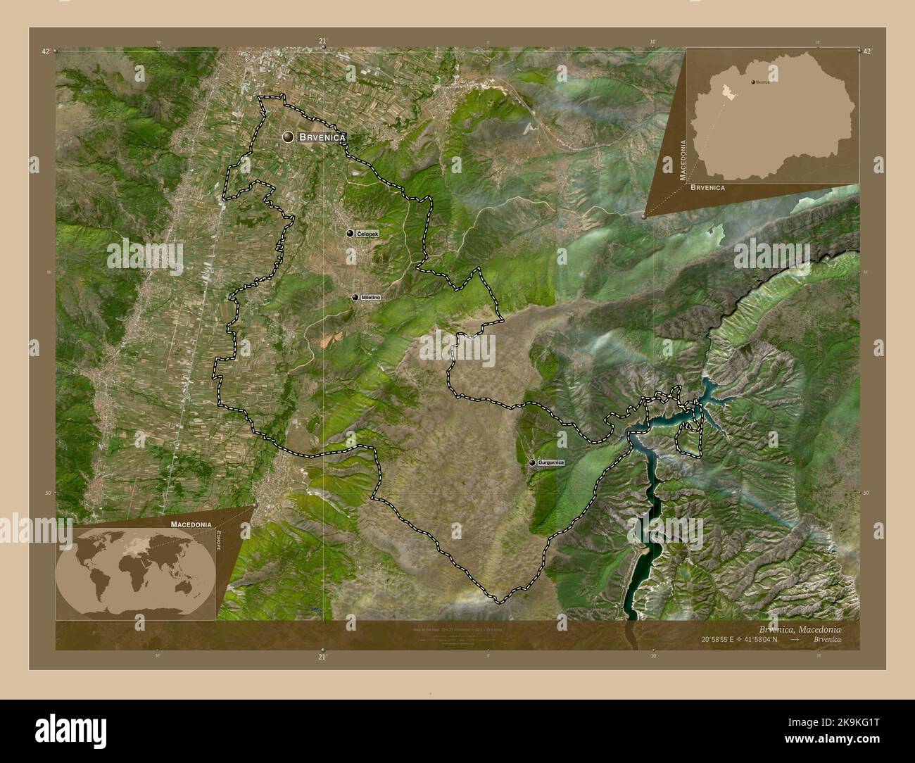 Brvenica, municipality of Macedonia. Low resolution satellite map ...