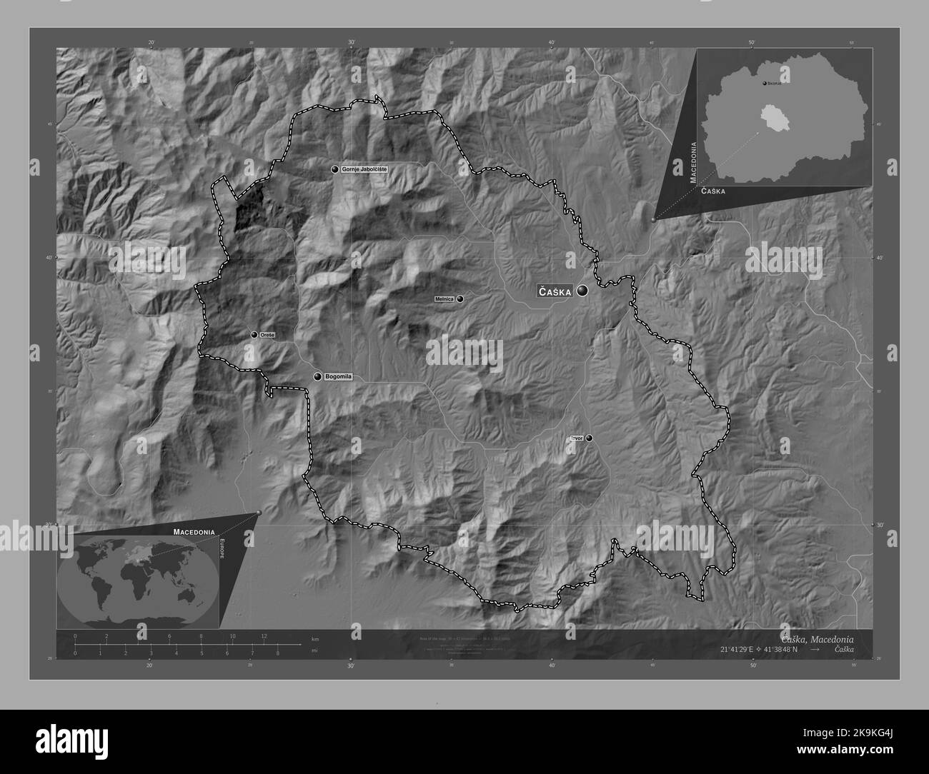 Caska, municipality of Macedonia. Bilevel elevation map with lakes and ...