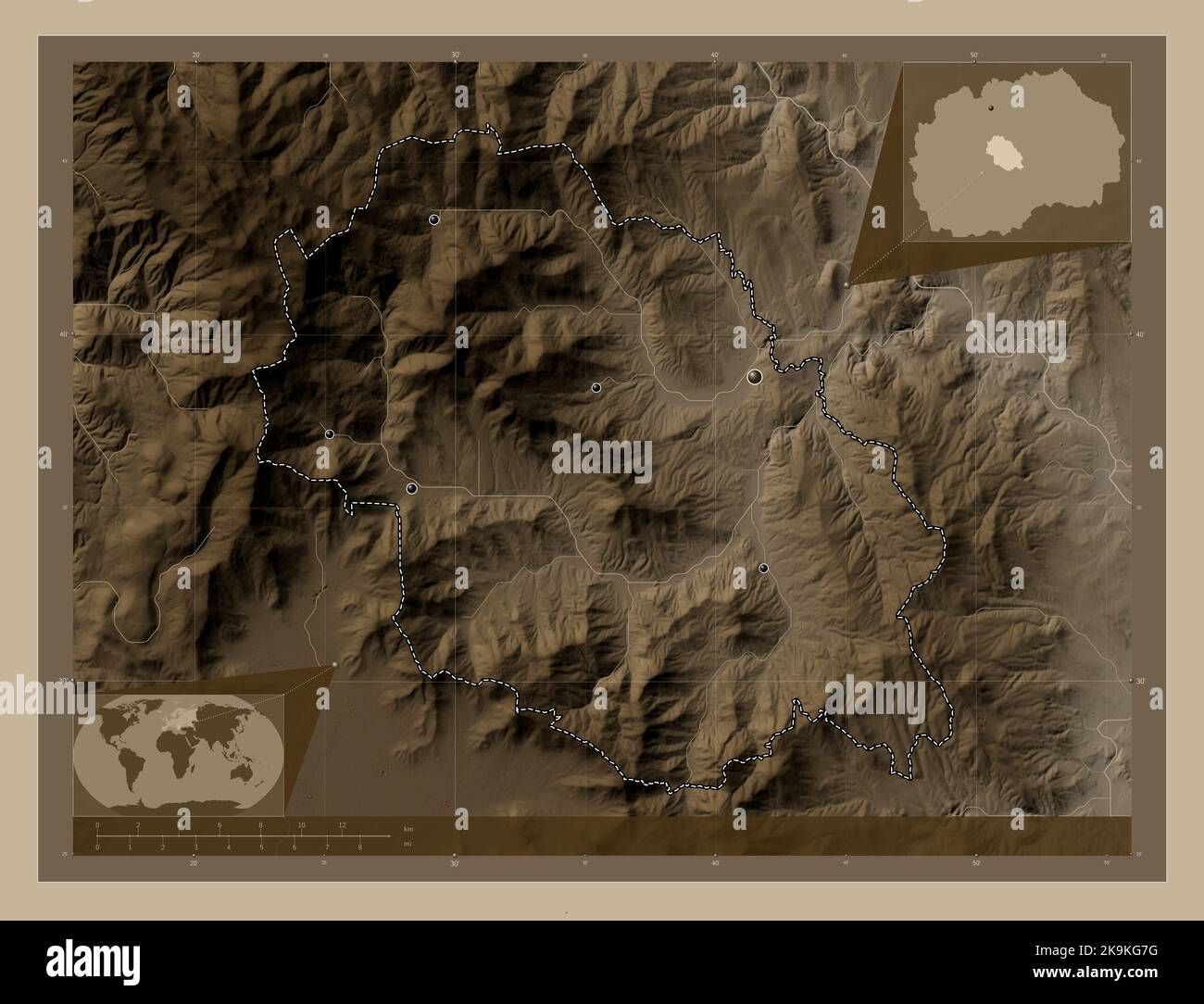 Caska, municipality of Macedonia. Elevation map colored in sepia tones ...