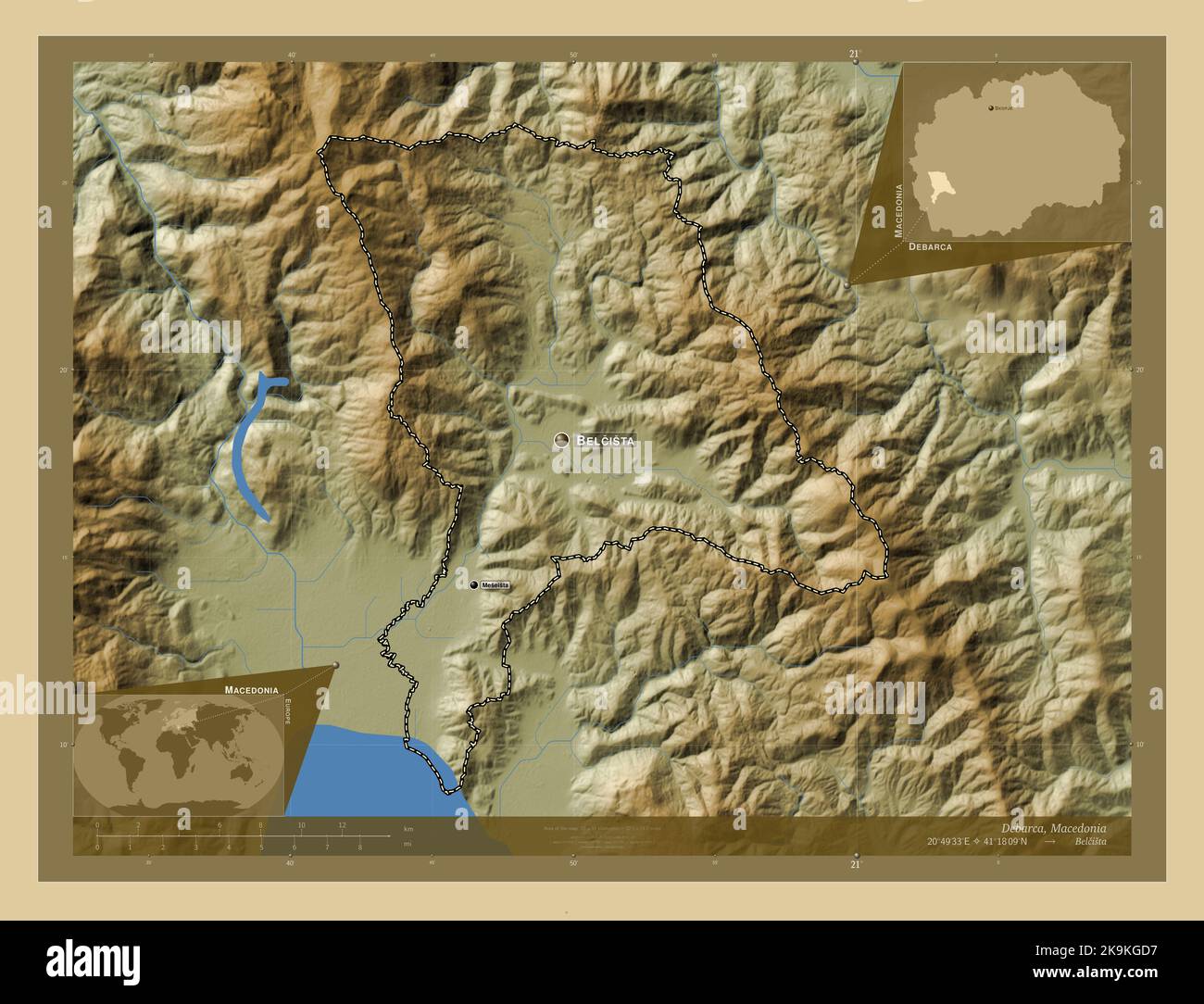 Debarca, municipality of Macedonia. Colored elevation map with lakes ...