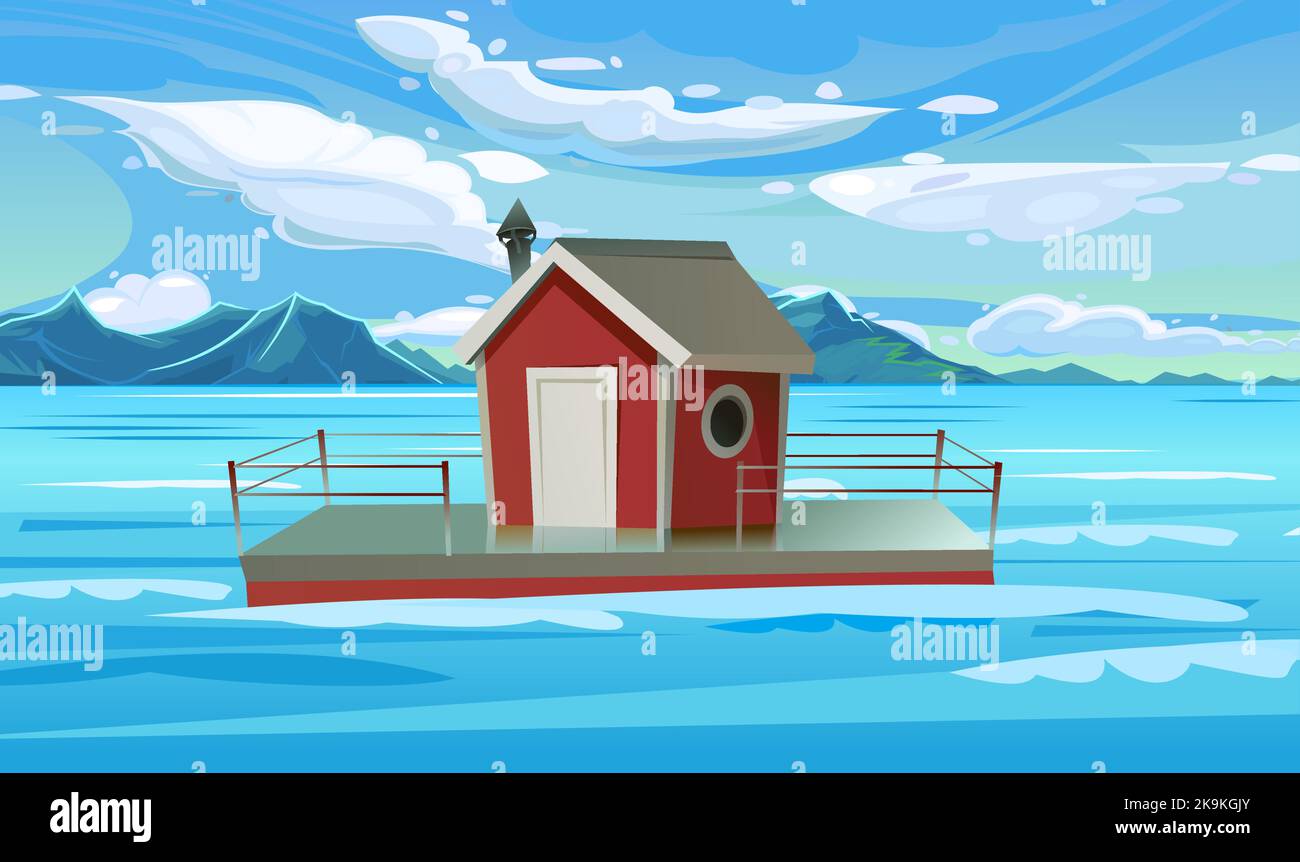 Floating house. Dwelling with small courtyard on water. illustration ...