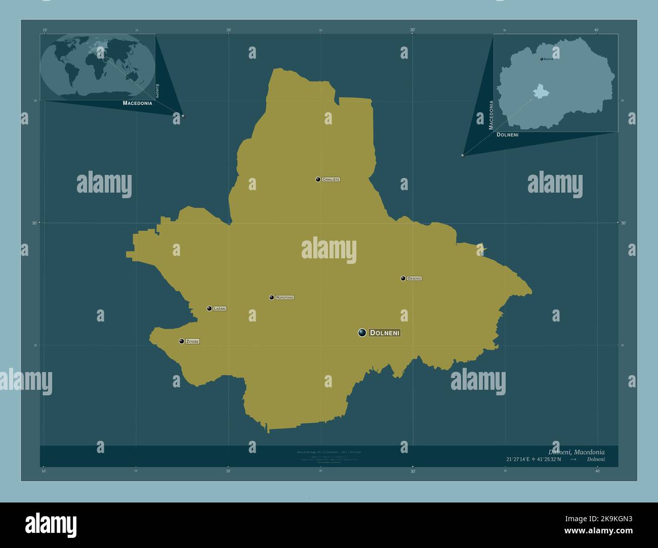 Dolneni, municipality of Macedonia. Solid color shape. Locations and ...