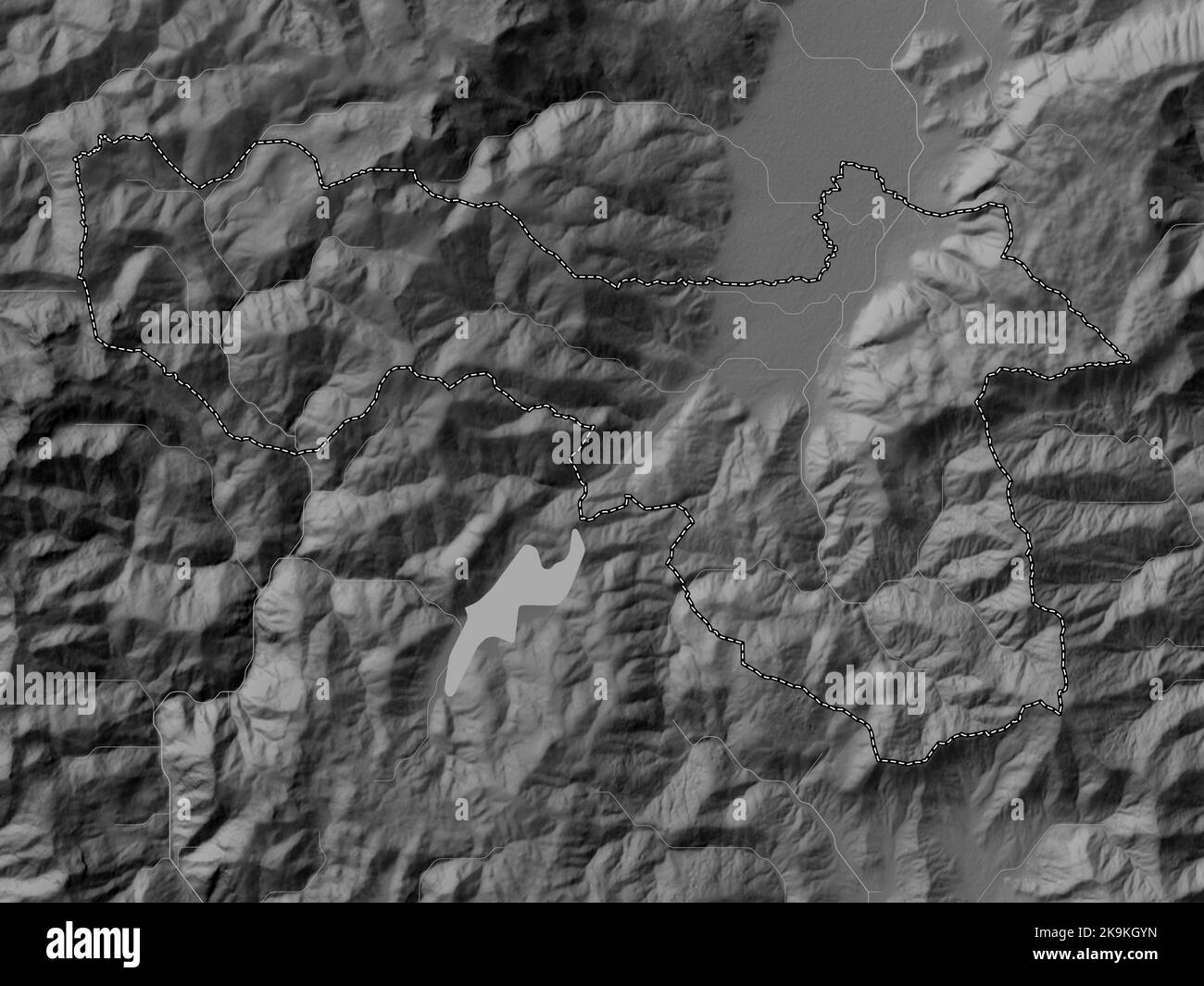 Gostivar, municipality of Macedonia. Grayscale elevation map with lakes ...