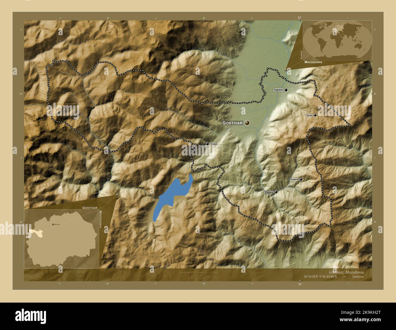 Gostivar, municipality of Macedonia. Colored elevation map with lakes ...