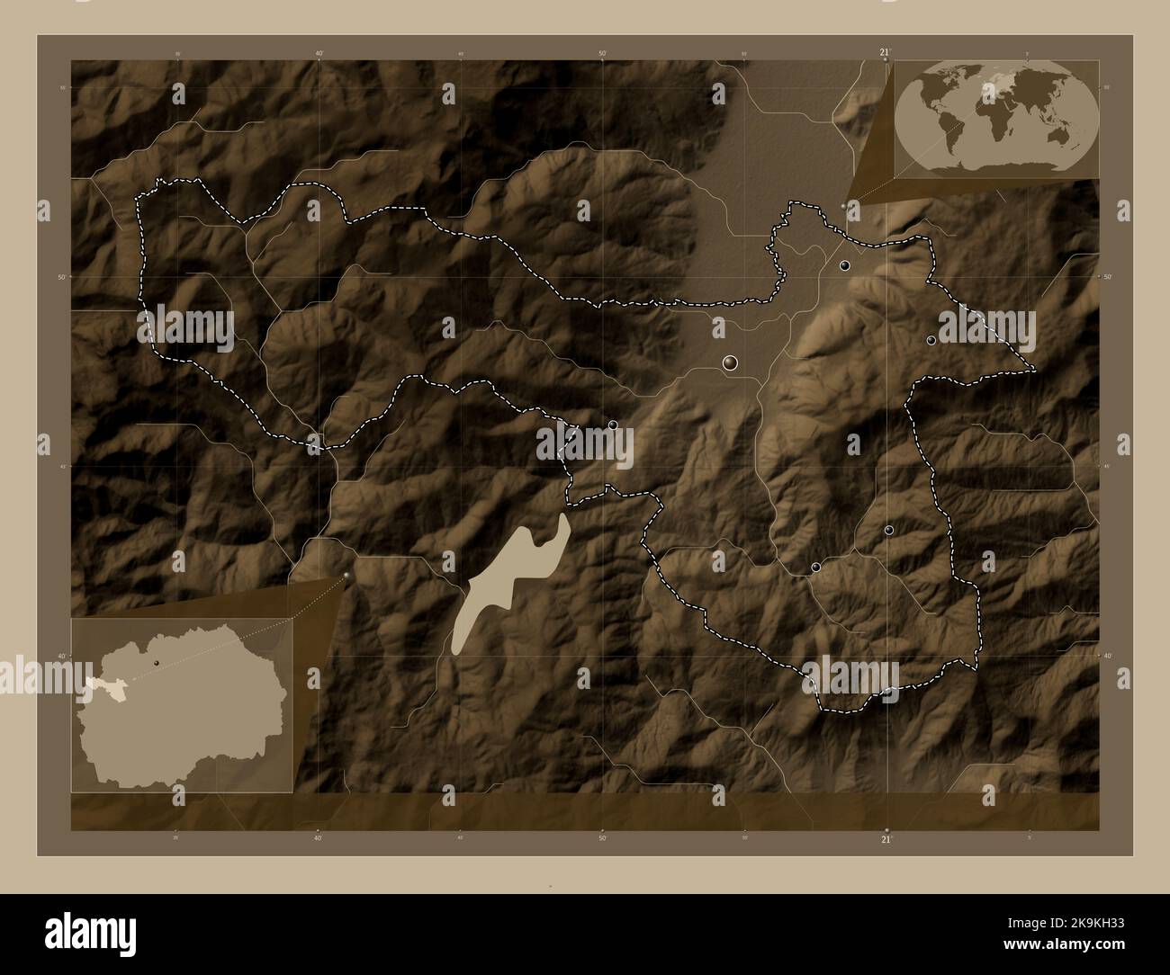 Gostivar, municipality of Macedonia. Elevation map colored in sepia ...