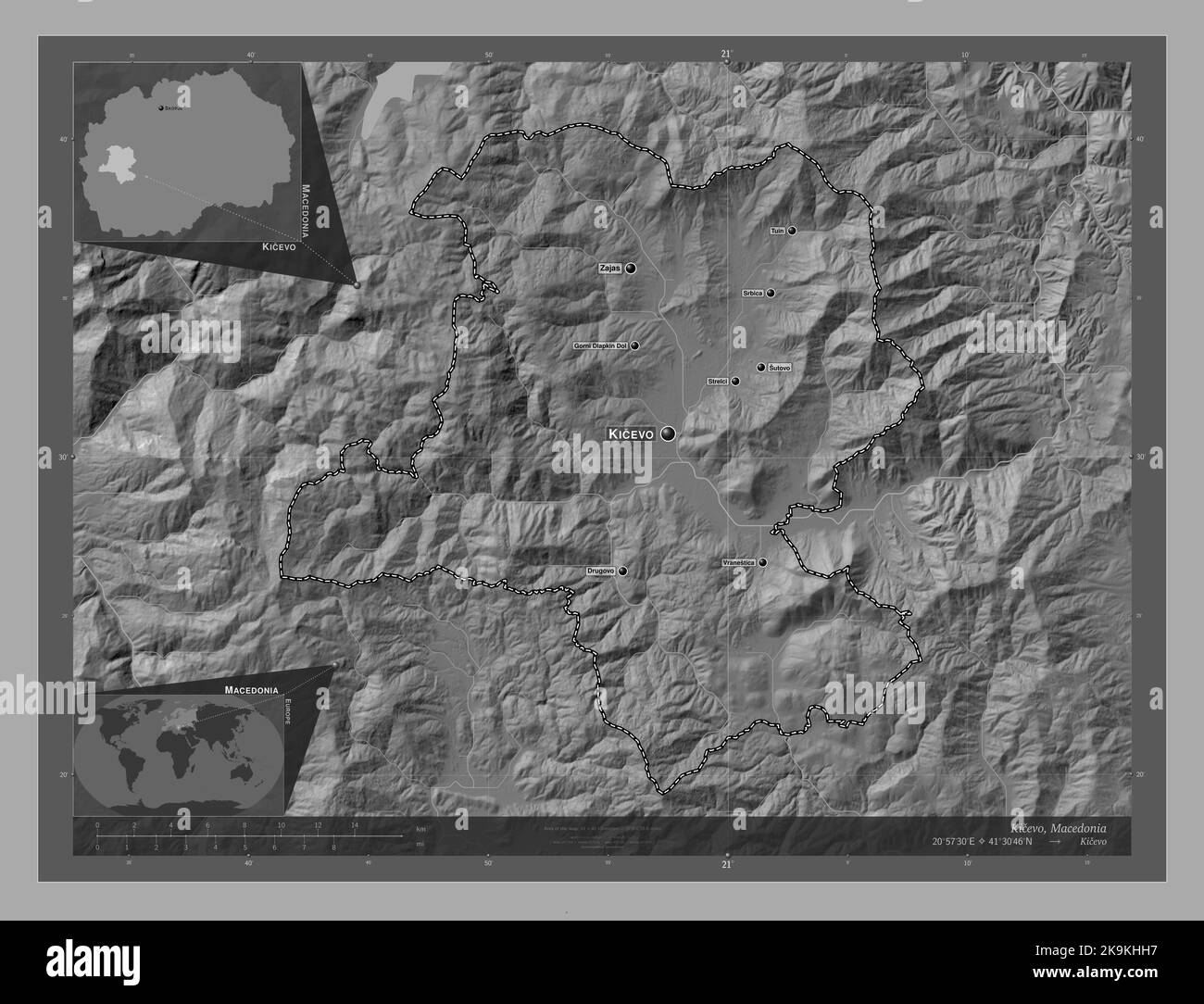 Kicevo, municipality of Macedonia. Bilevel elevation map with lakes and ...