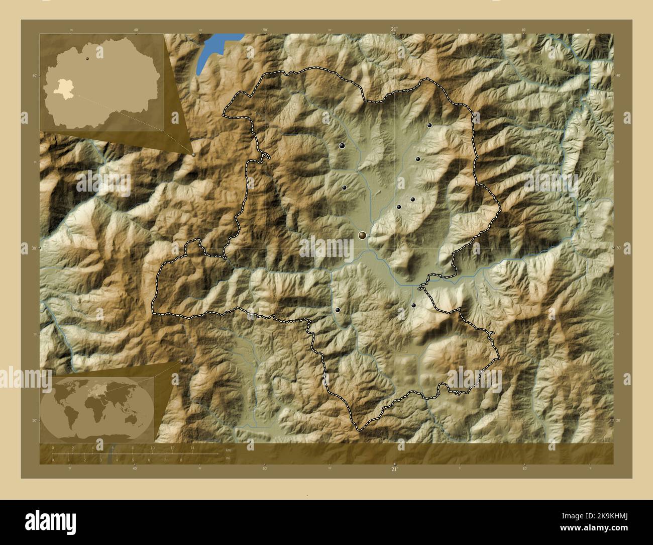 Kicevo, municipality of Macedonia. Colored elevation map with lakes and ...