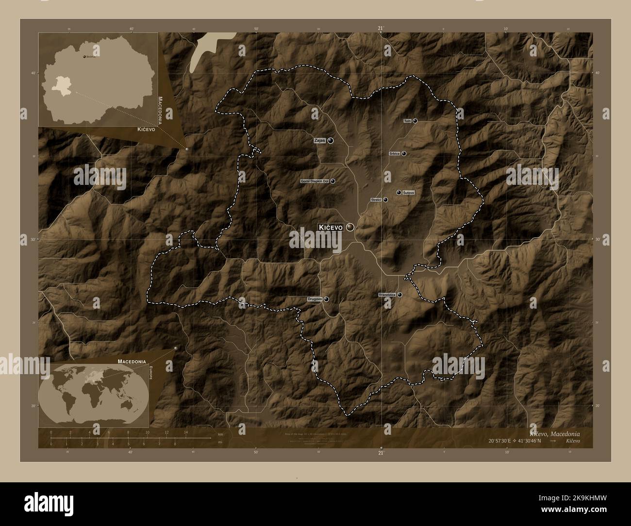 Kicevo, municipality of Macedonia. Elevation map colored in sepia tones ...