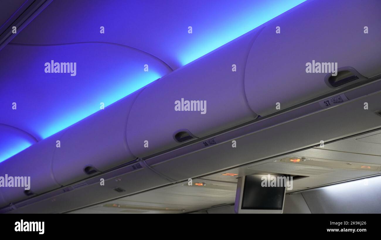 Interior of a commercial airplane. Inside an airplane, in economy class ...