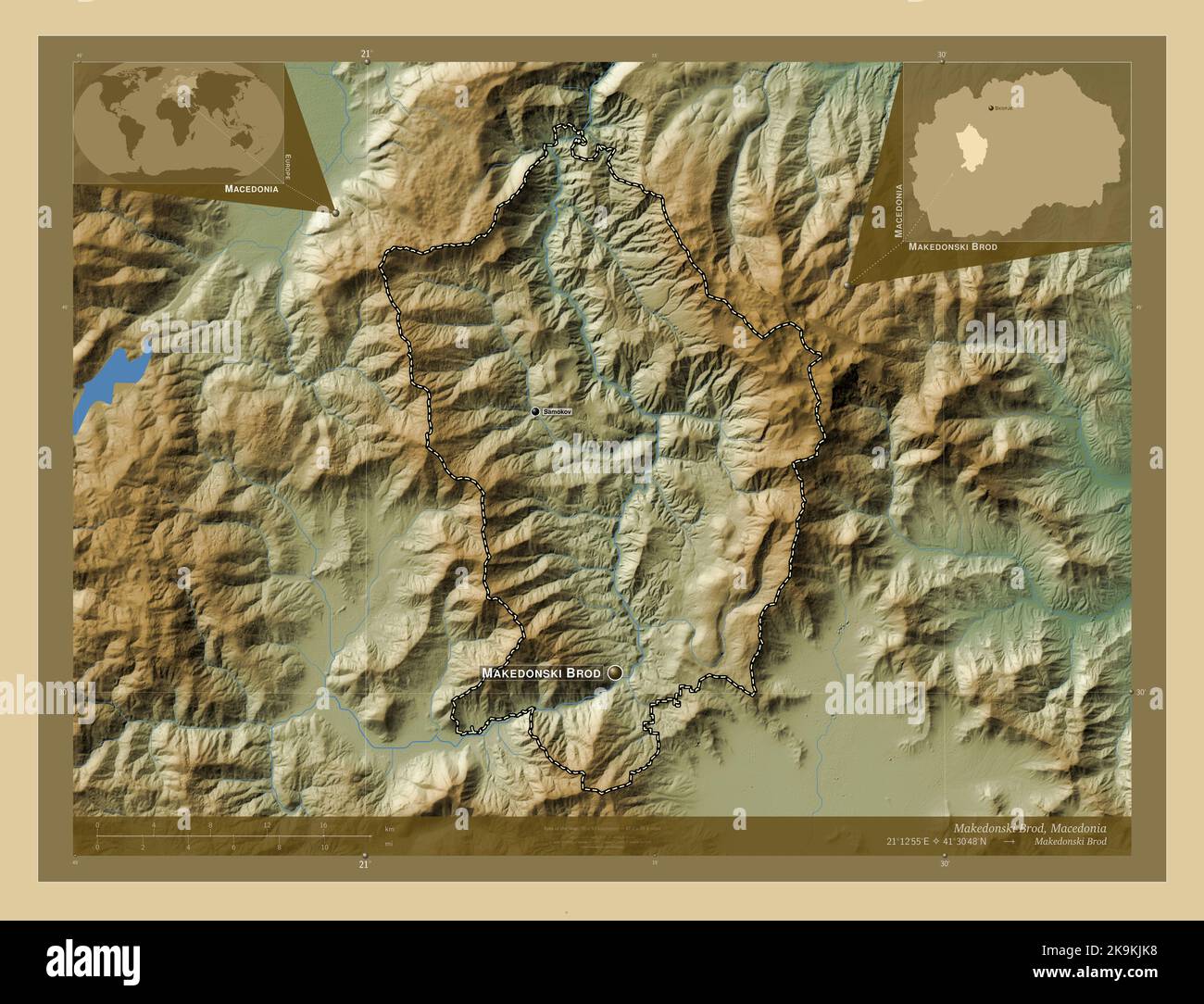 Makedonski Brod, municipality of Macedonia. Colored elevation map with ...