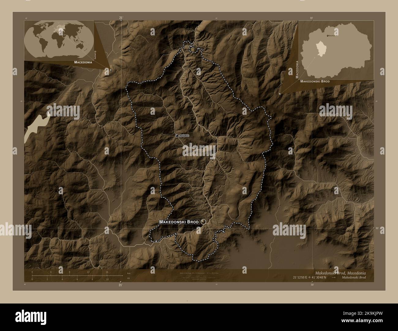 Makedonski Brod, municipality of Macedonia. Elevation map colored in ...