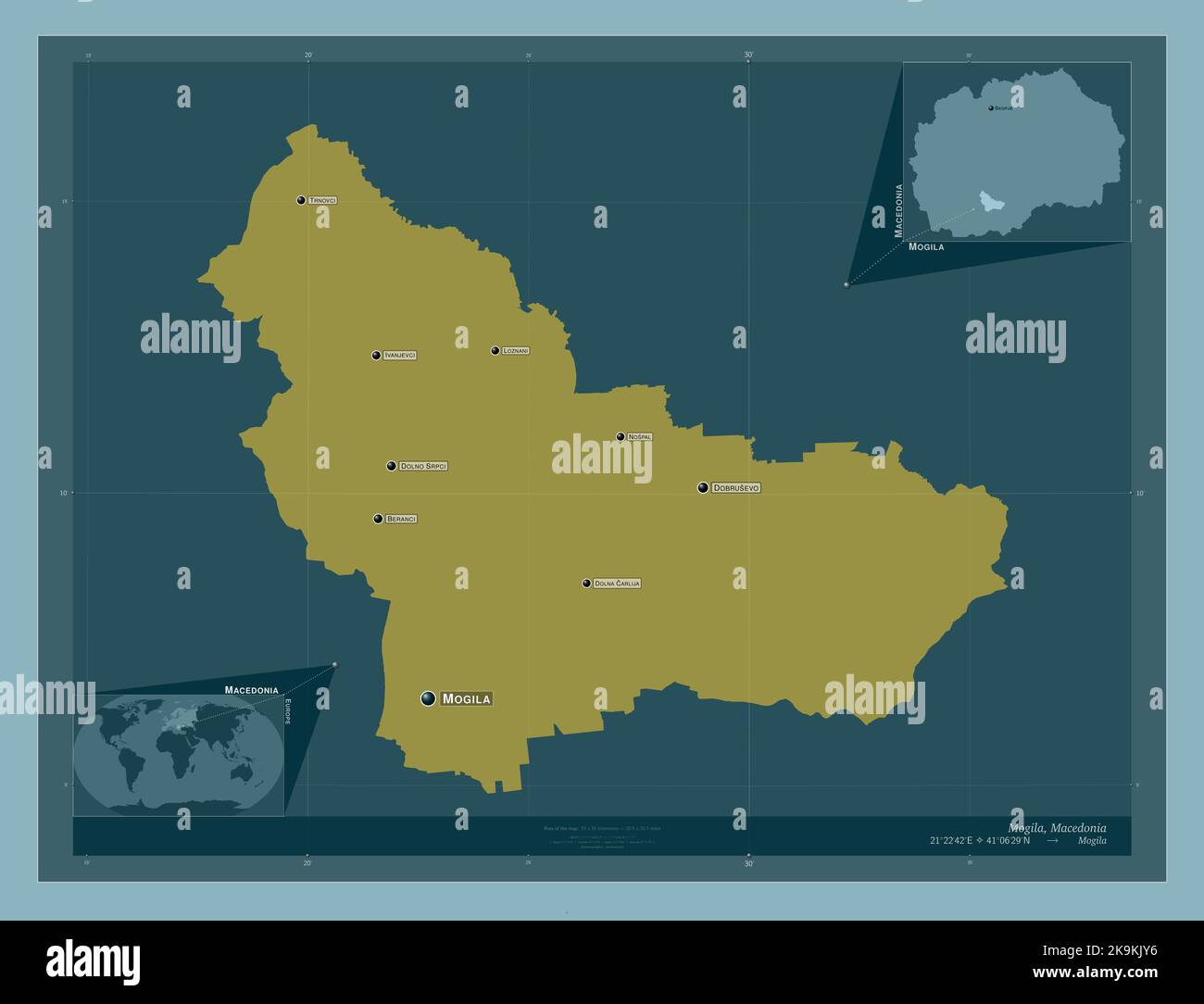 Mogila, municipality of Macedonia. Solid color shape. Locations and ...