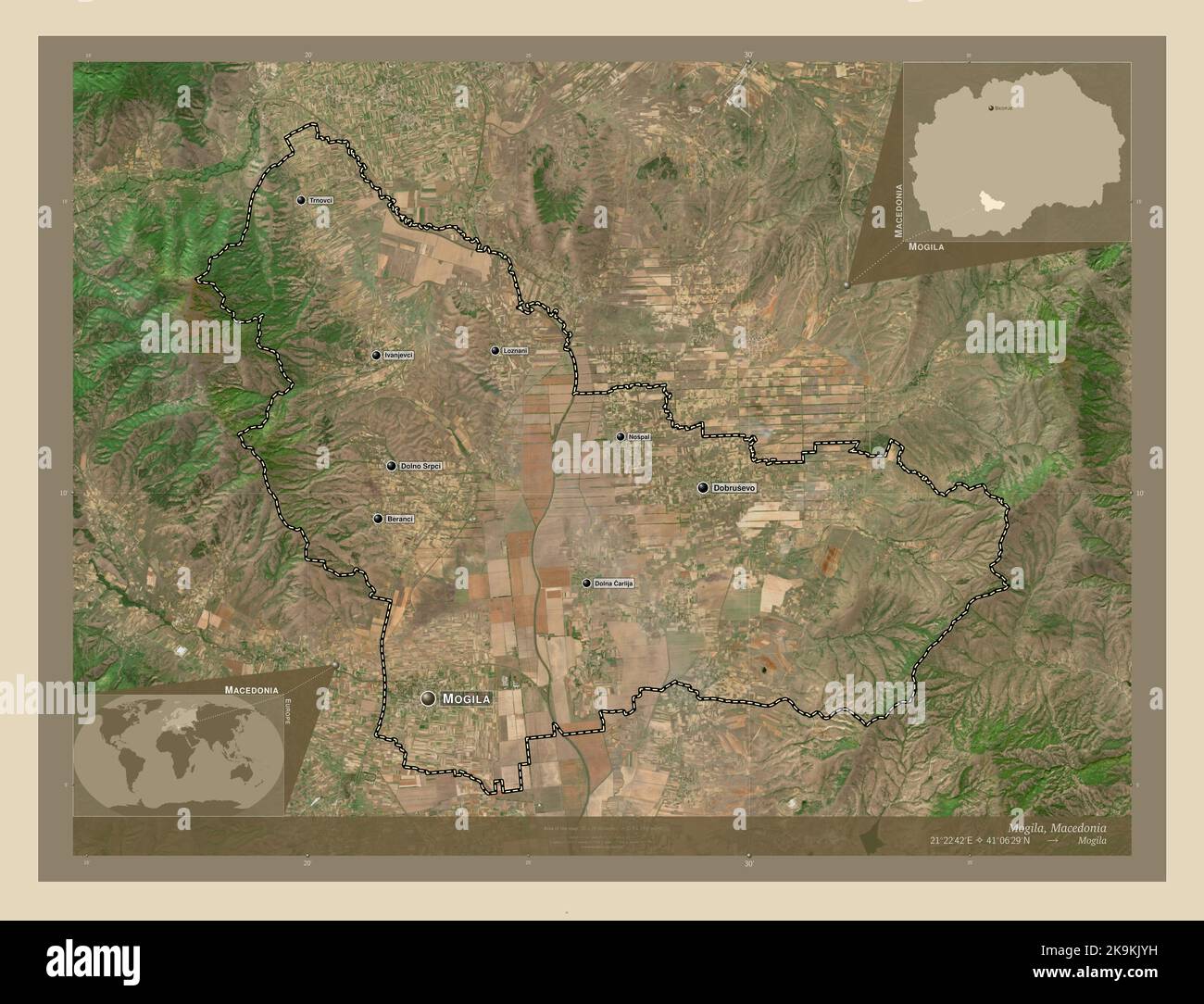 Mogila, municipality of Macedonia. High resolution satellite map ...