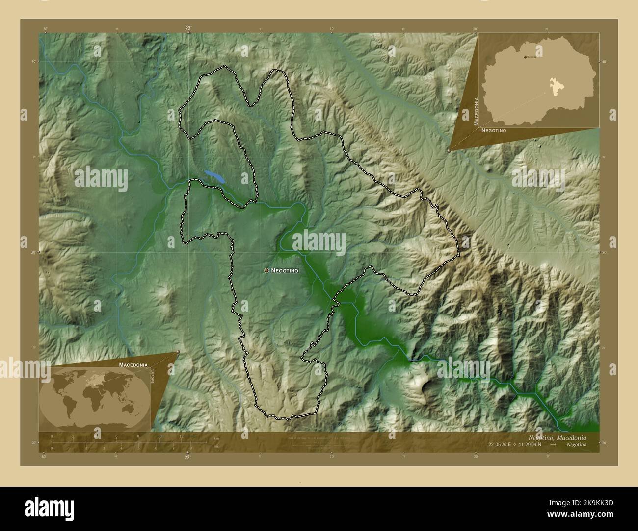 Negotino, municipality of Macedonia. Colored elevation map with lakes ...
