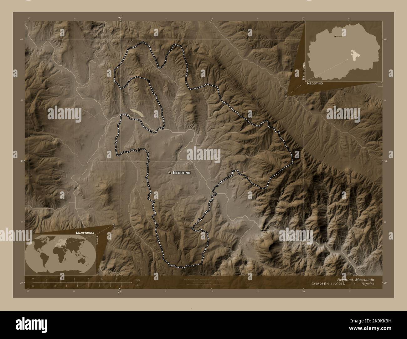 Negotino, municipality of Macedonia. Elevation map colored in sepia ...