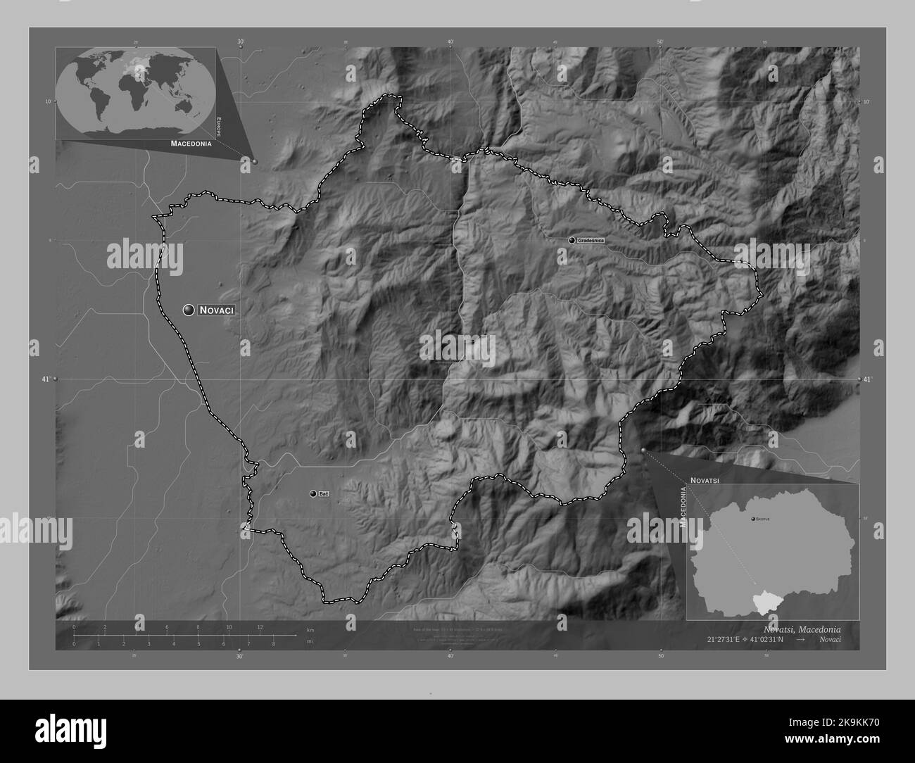 Novatsi, municipality of Macedonia. Grayscale elevation map with lakes ...