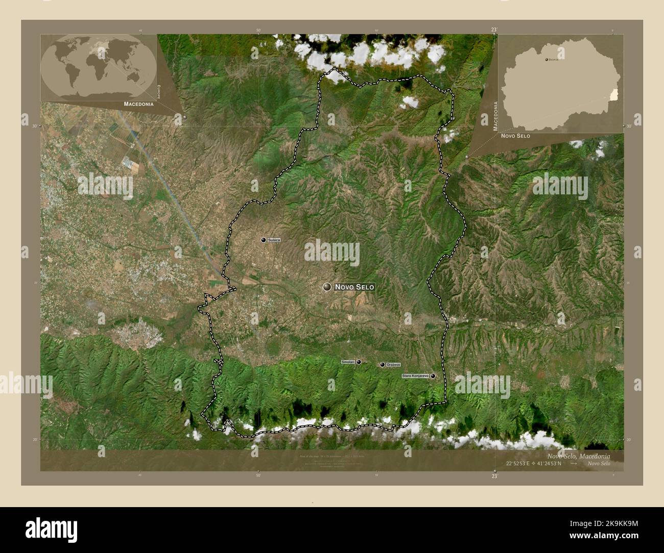 Novo Selo, municipality of Macedonia. High resolution satellite map ...