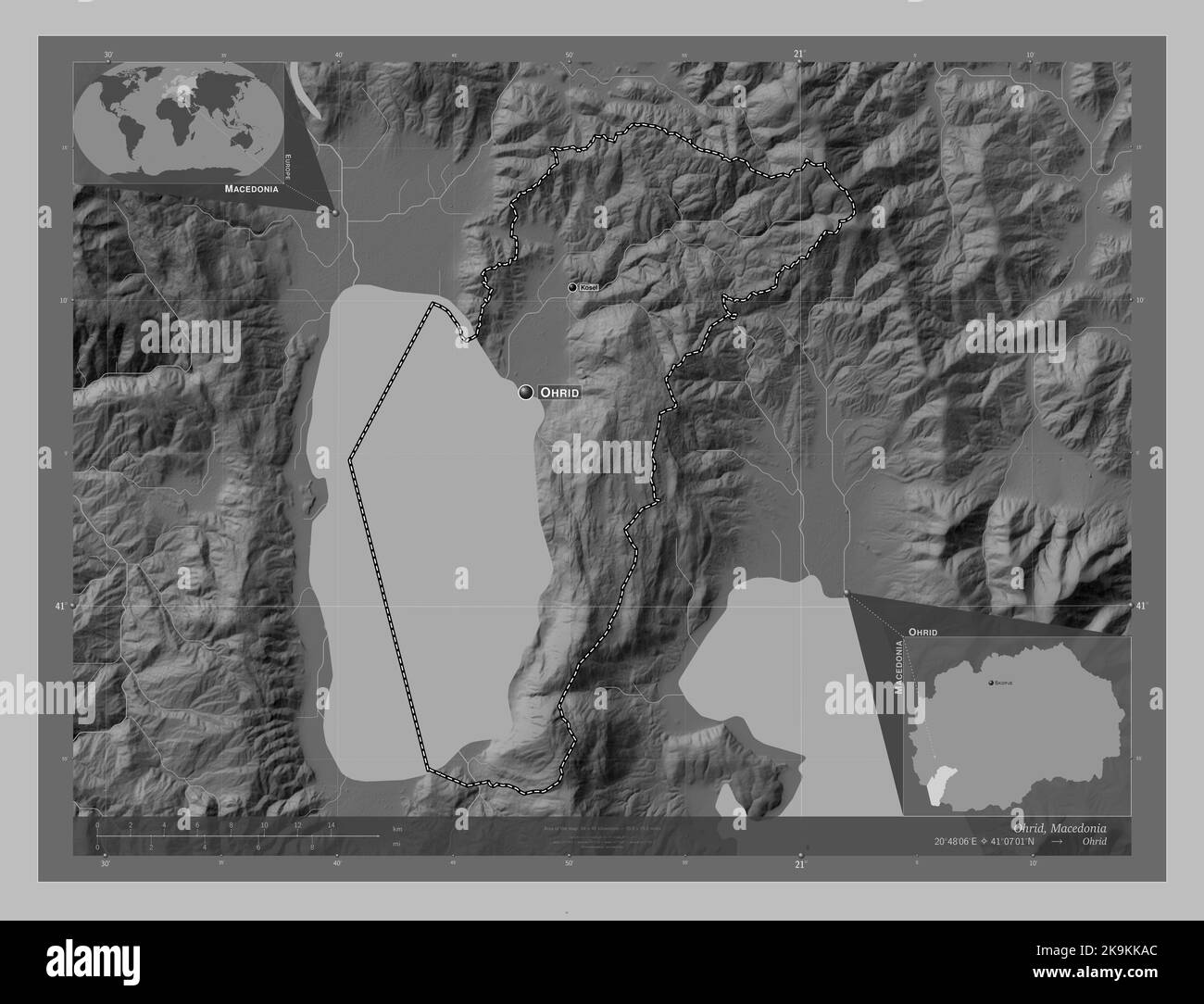 Ohrid, municipality of Macedonia. Grayscale elevation map with lakes ...