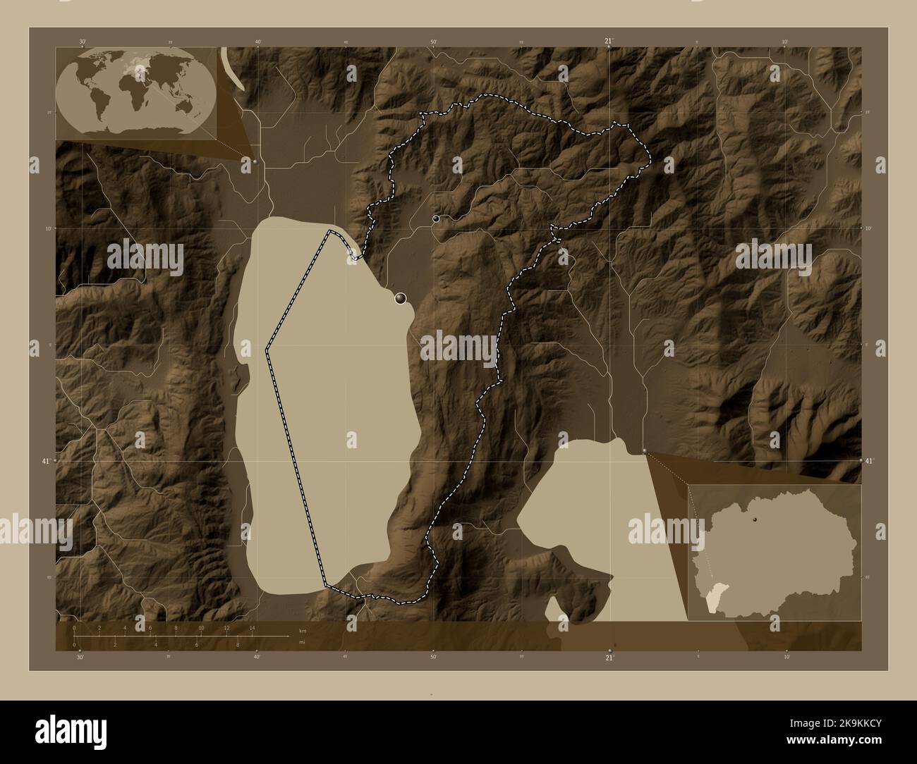 Ohrid, municipality of Macedonia. Elevation map colored in sepia tones ...