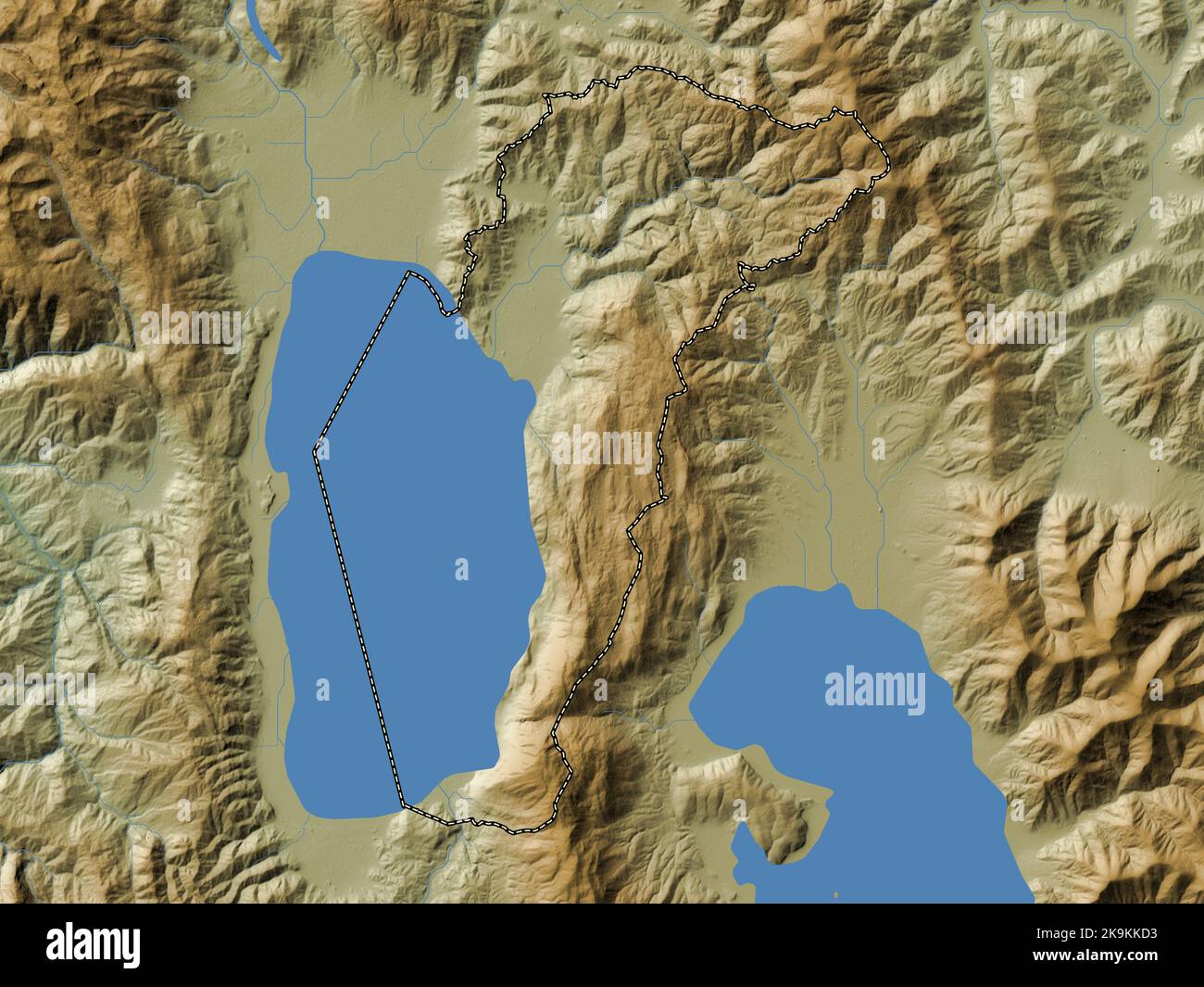 Ohrid, municipality of Macedonia. Colored elevation map with lakes and ...