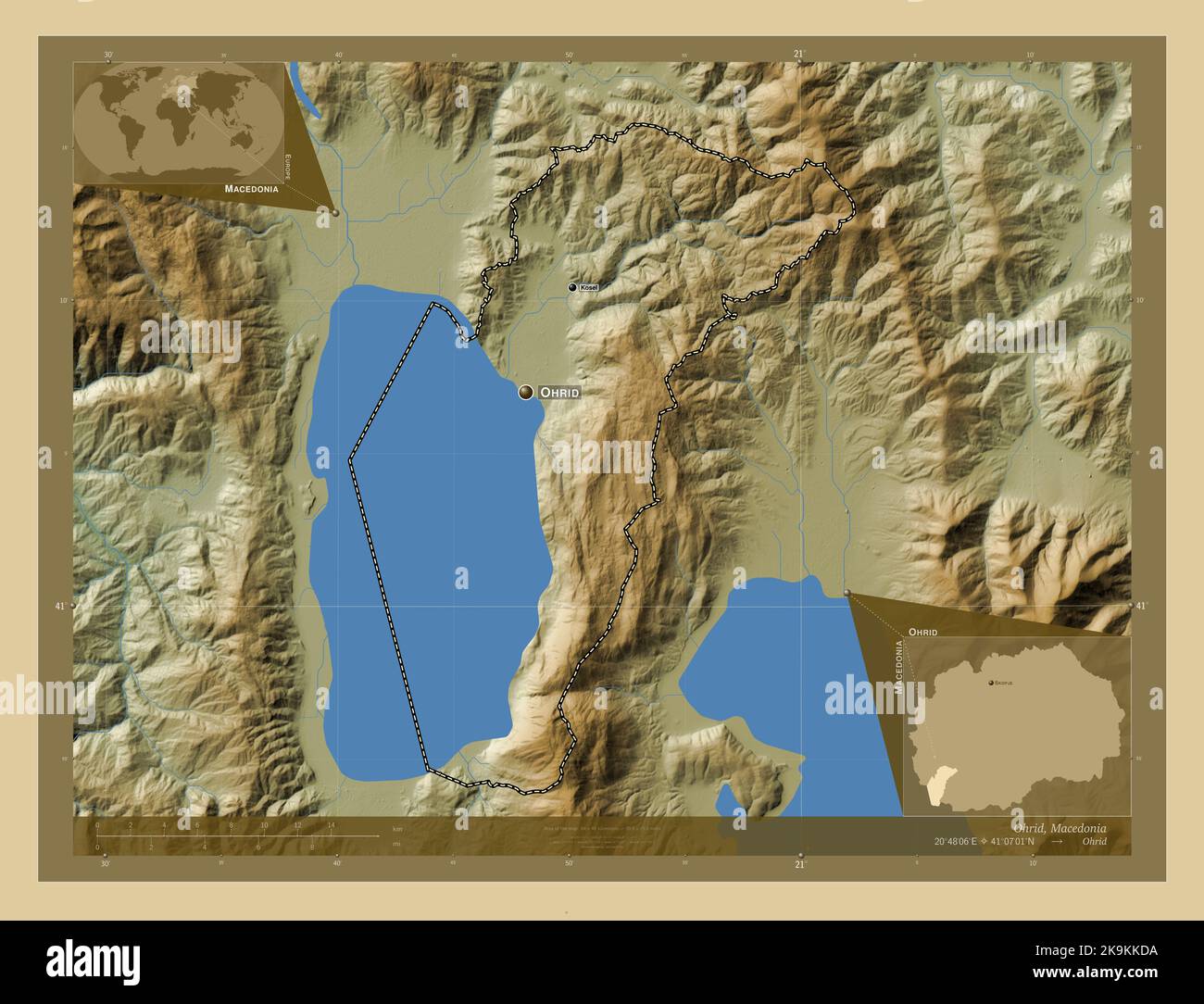 Ohrid, municipality of Macedonia. Colored elevation map with lakes and ...