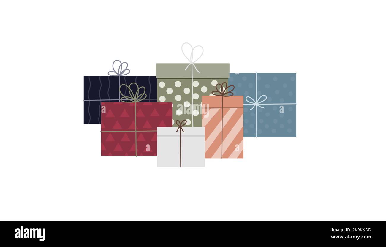 Christmas hand drawn gifts. Birthday presents. Pile of colorful wrapped ...