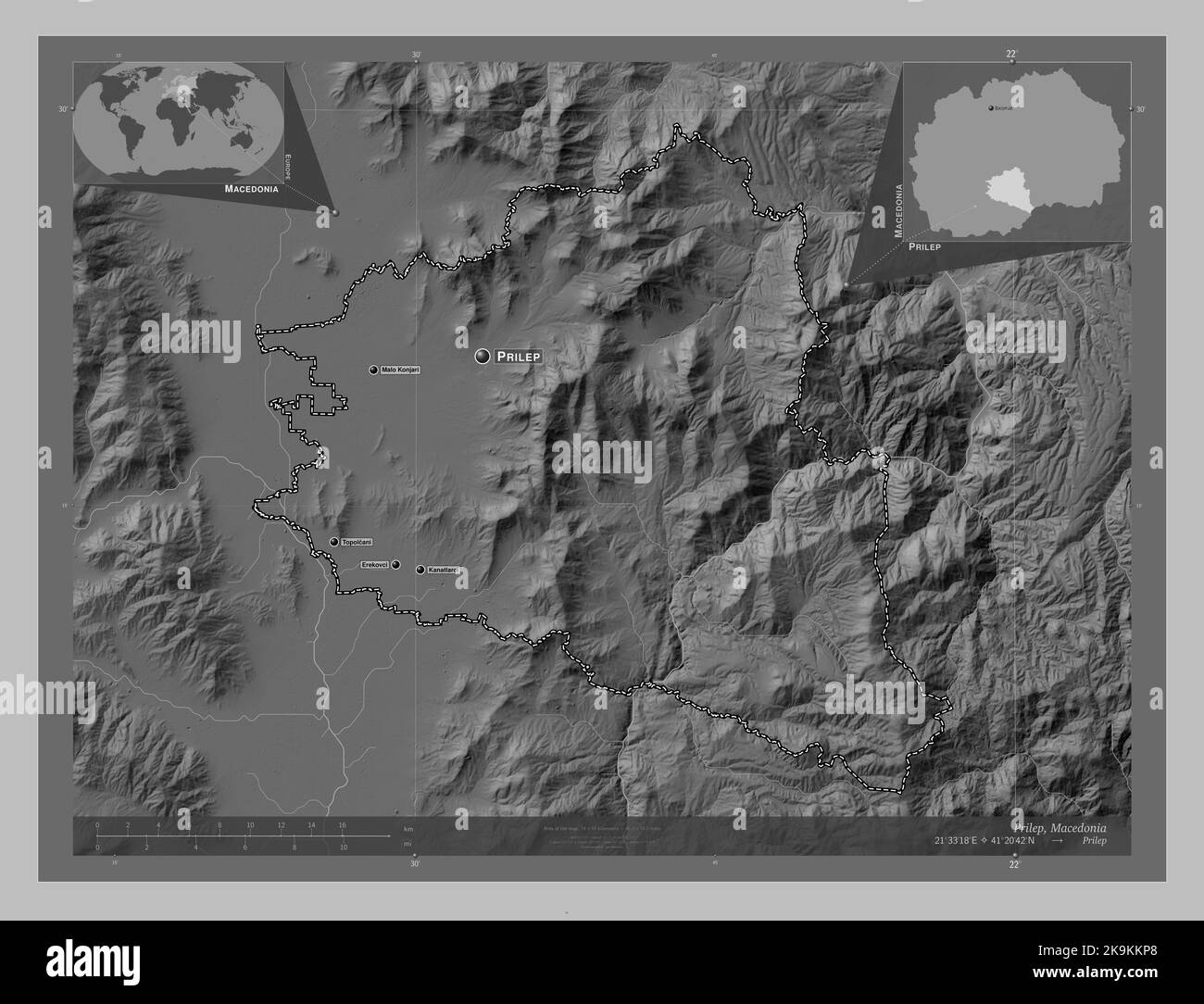 Prilep, municipality of Macedonia. Grayscale elevation map with lakes ...