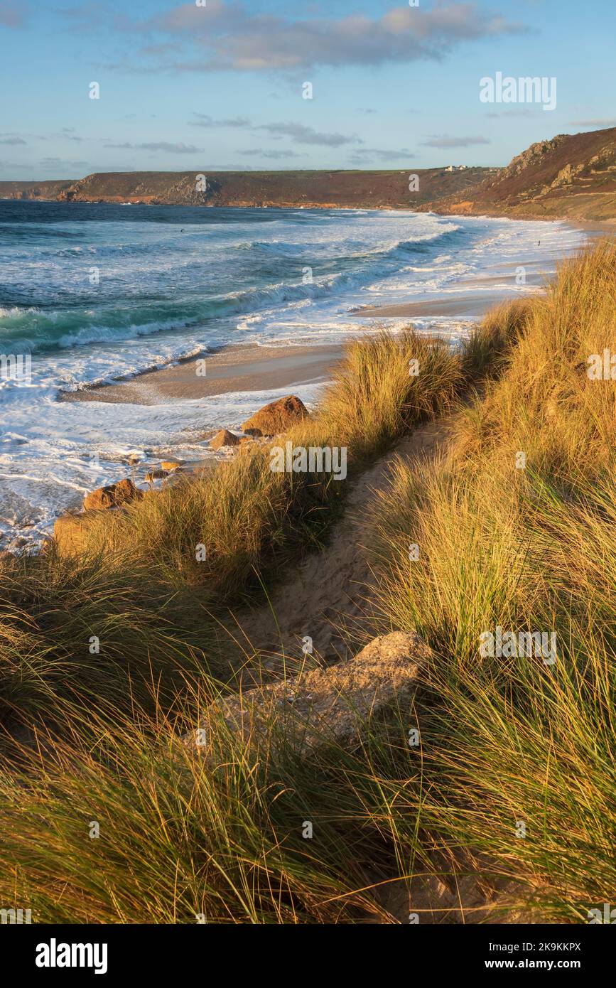 Beautiful landscape of Sennen Cove in Cornwall during sunset viewed ...