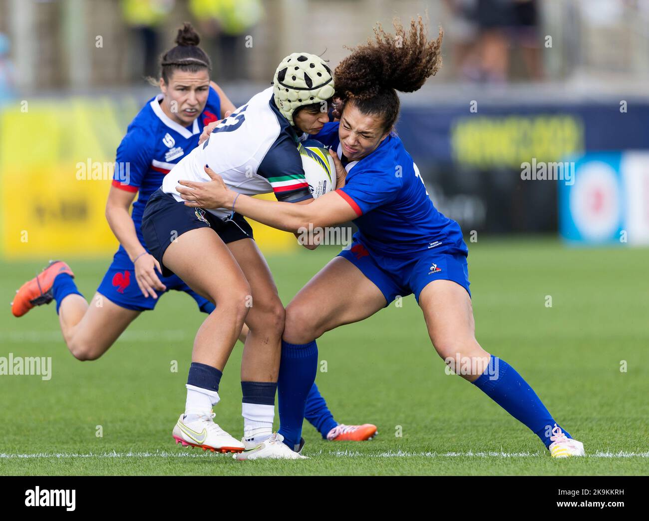 Italy's Beatrice Rigoni is tackled by France's the Women's Rugby World ...