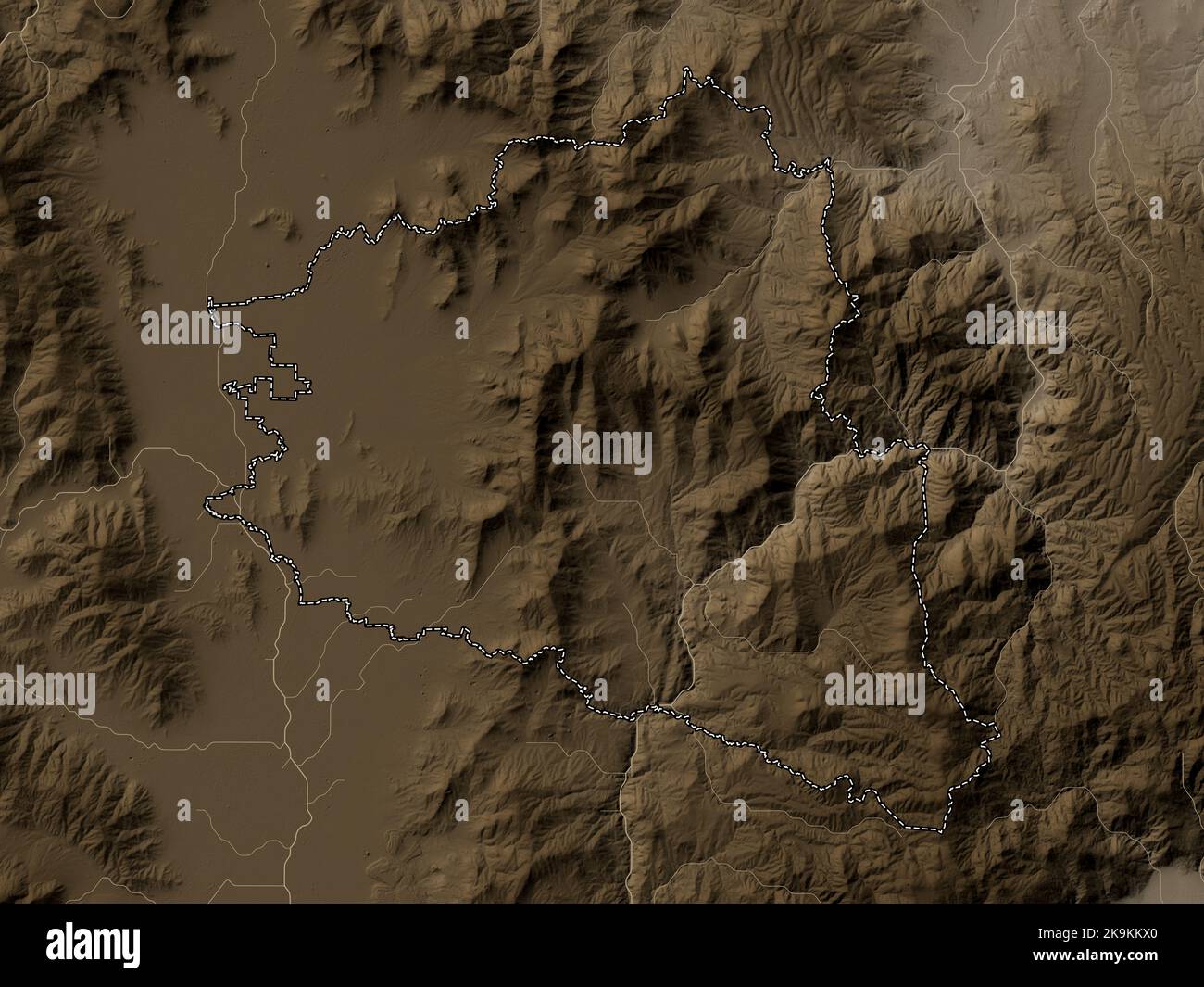 Prilep, municipality of Macedonia. Elevation map colored in sepia tones ...