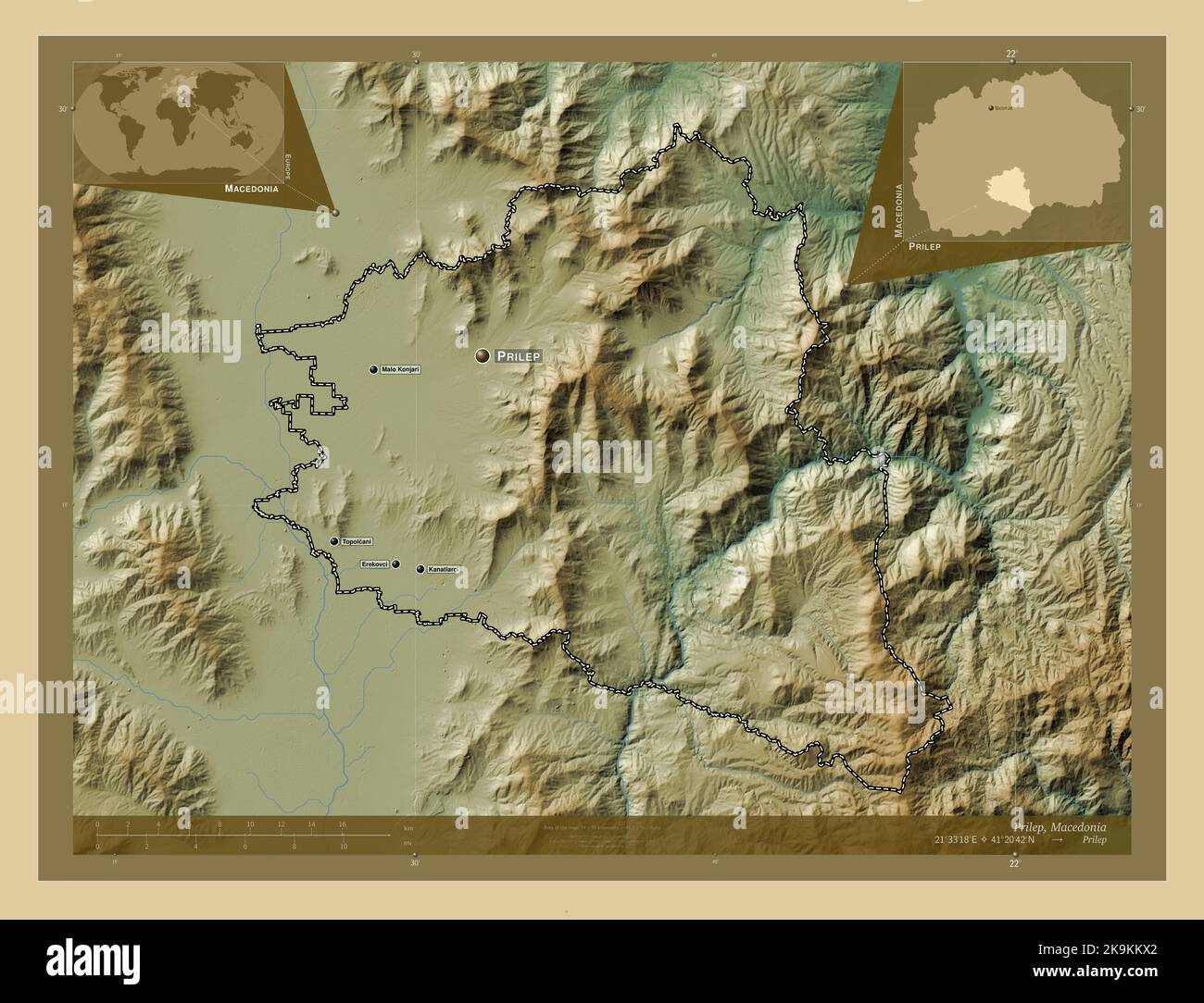 Prilep, municipality of Macedonia. Colored elevation map with lakes and ...