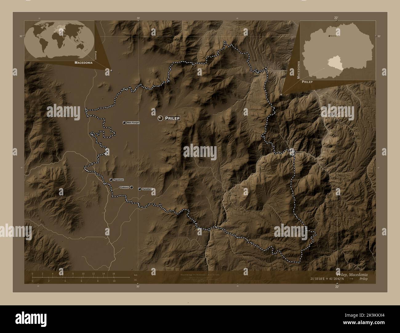 Prilep, municipality of Macedonia. Elevation map colored in sepia tones ...