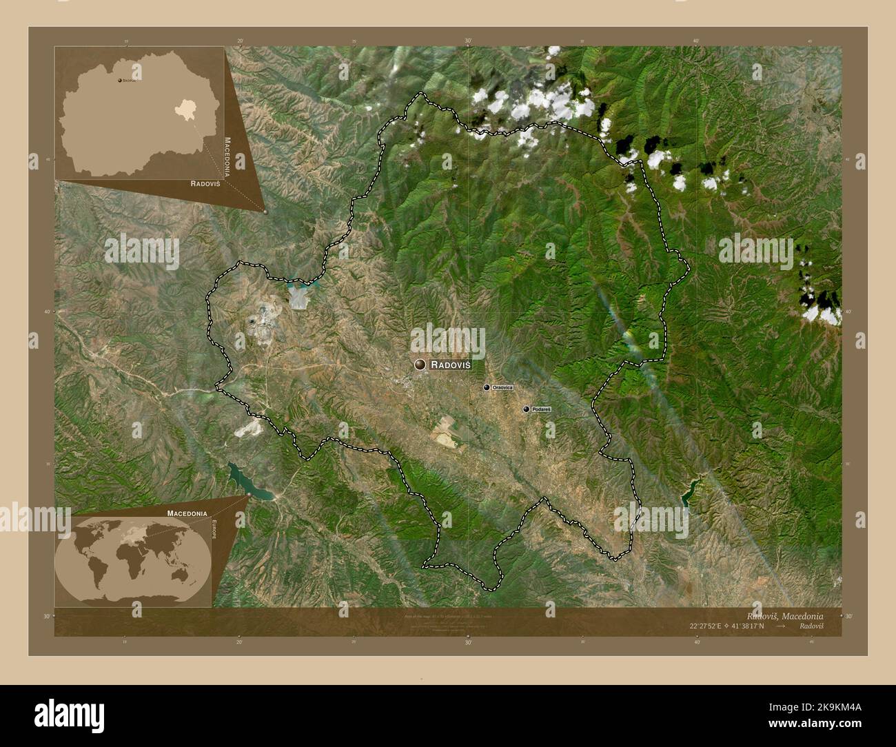 Radovis, municipality of Macedonia. Low resolution satellite map ...