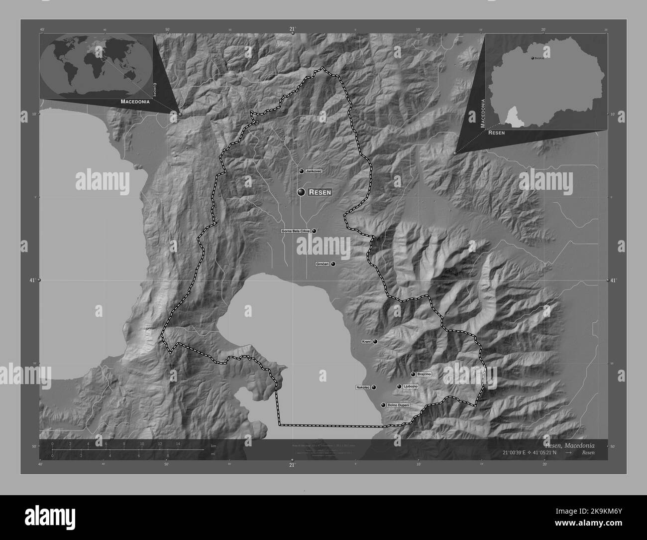 Resen, municipality of Macedonia. Bilevel elevation map with lakes and ...