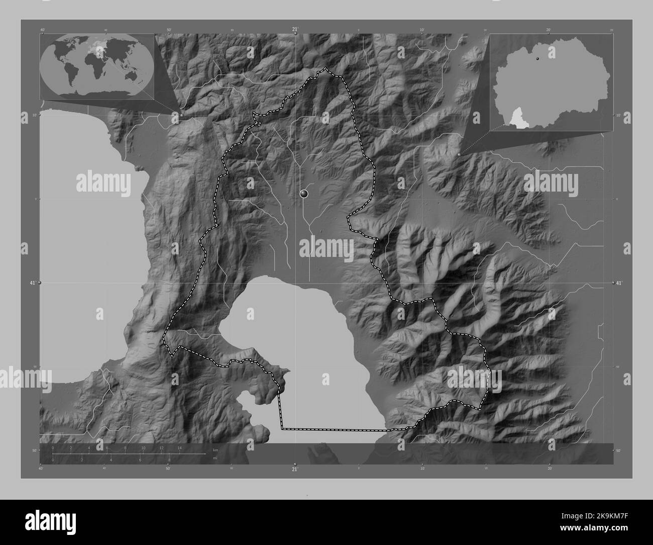 Resen, municipality of Macedonia. Grayscale elevation map with lakes ...