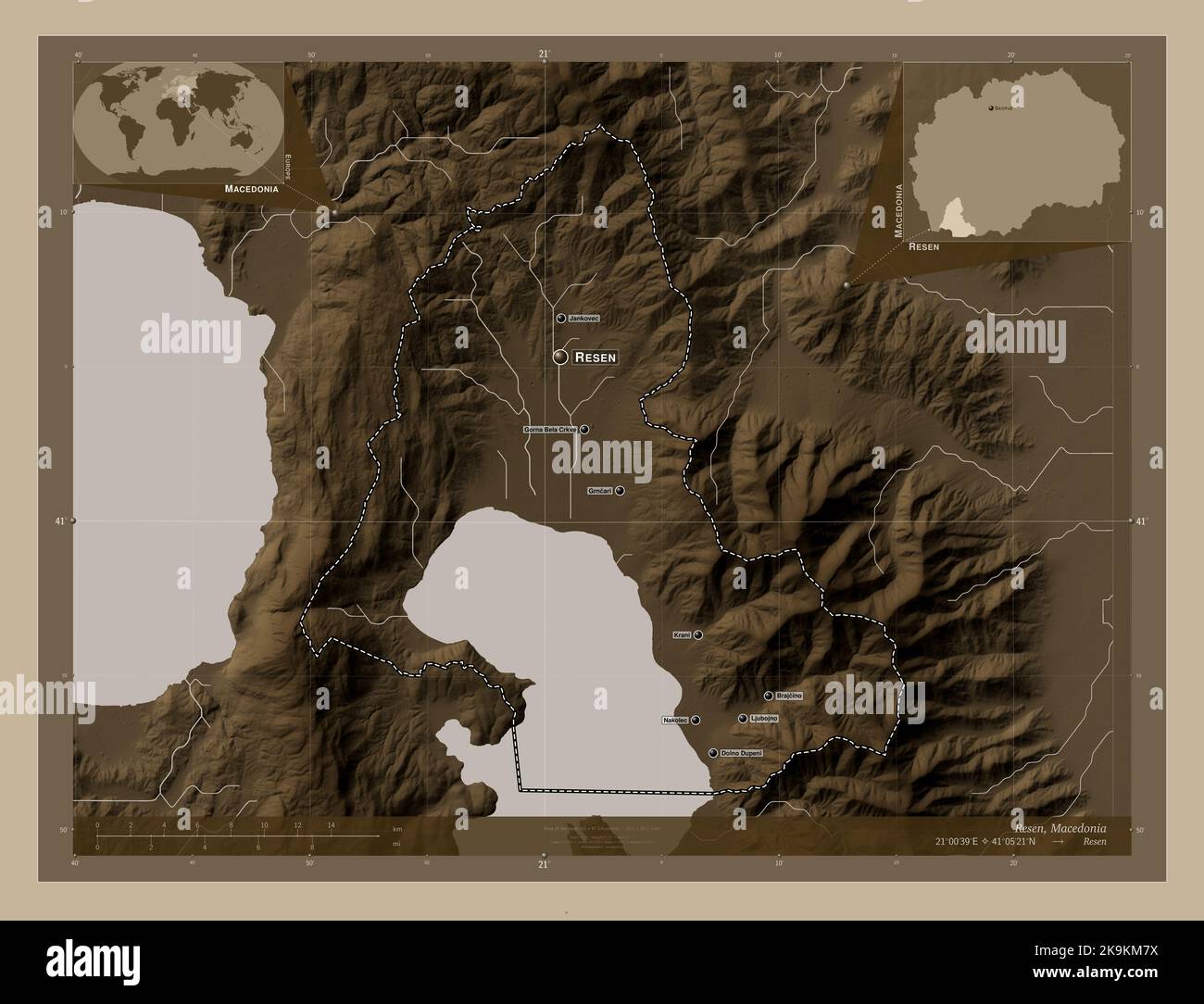 Resen, municipality of Macedonia. Elevation map colored in sepia tones ...