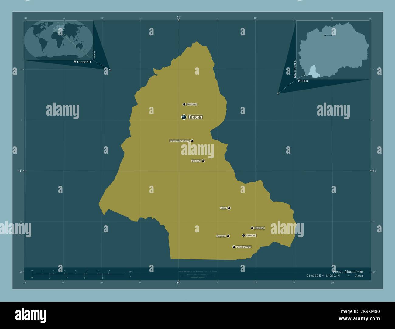 Resen, municipality of Macedonia. Solid color shape. Locations and ...