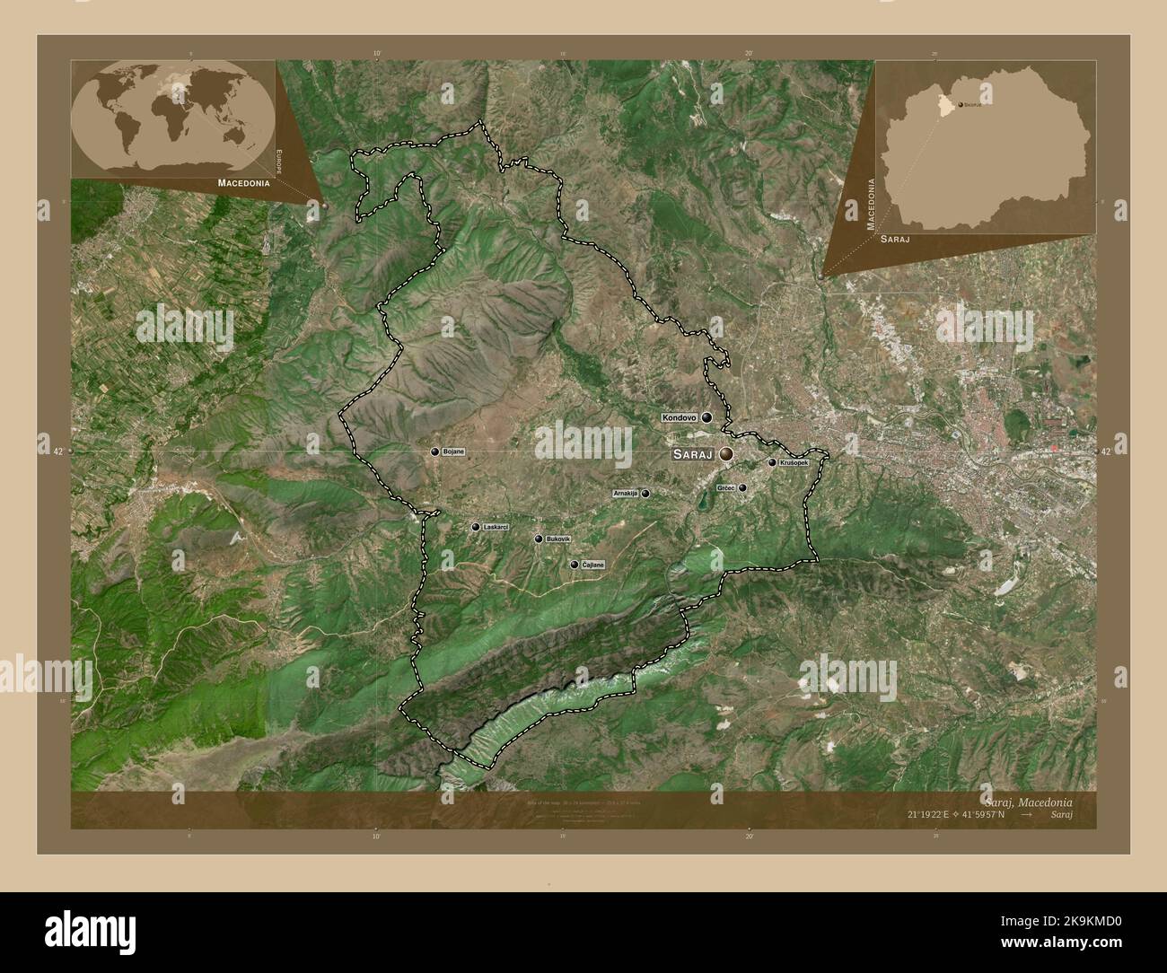 Saraj, municipality of Macedonia. Low resolution satellite map ...