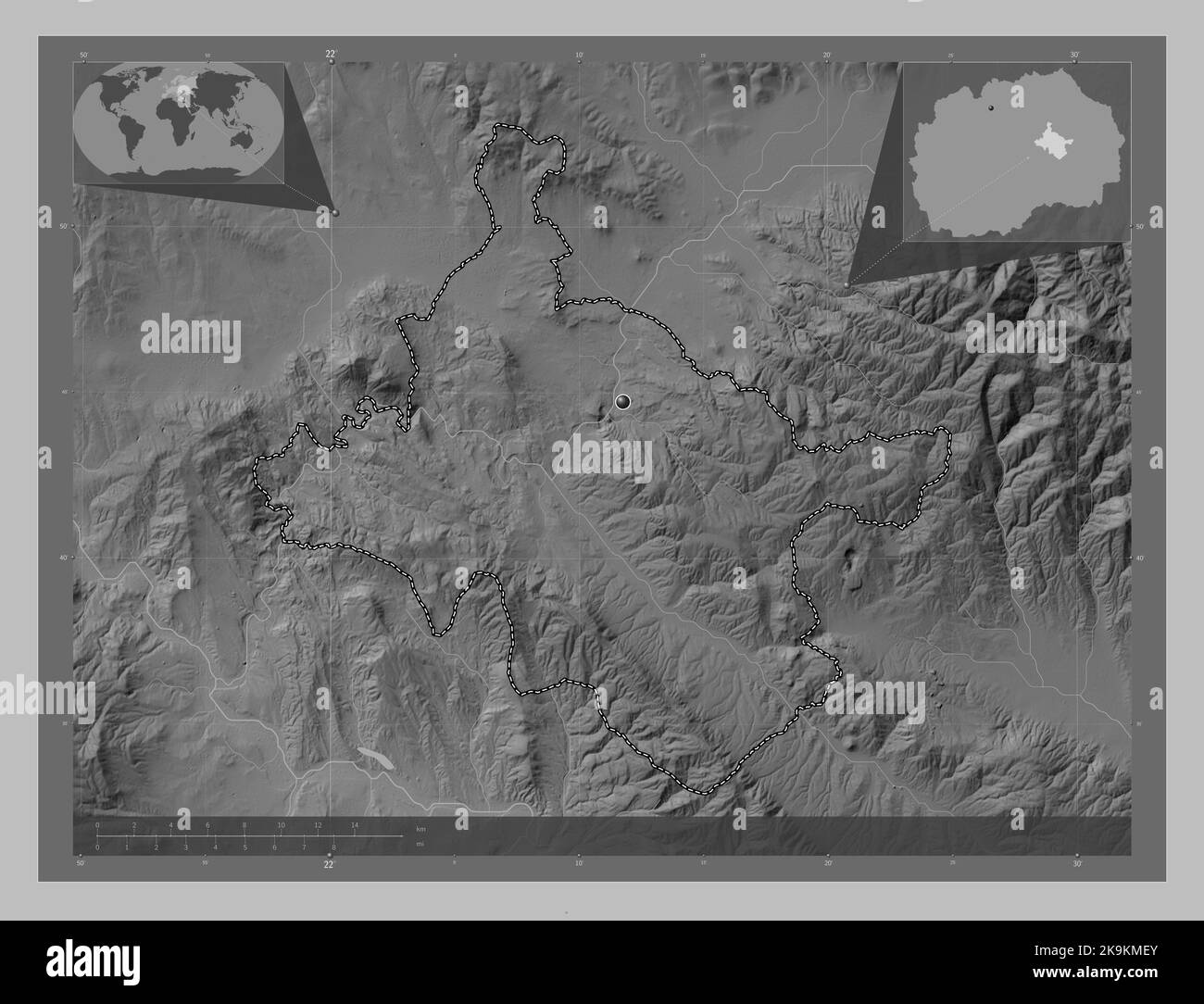 Stip, municipality of Macedonia. Grayscale elevation map with lakes and ...
