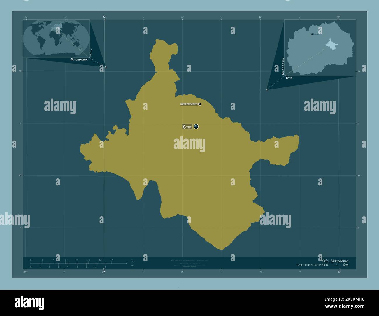 Stip, municipality of Macedonia. Solid color shape. Locations and names ...