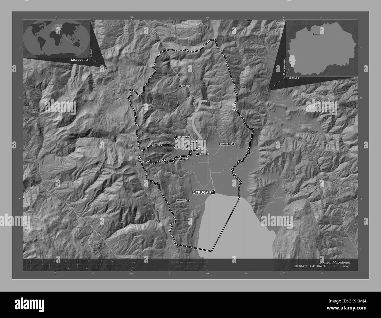Struga, municipality of Macedonia. Bilevel elevation map with lakes and ...